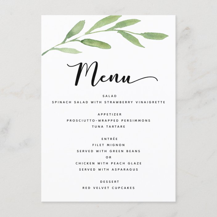 Greenery Rustic Simple Elegant Watercolor Wedding Menu Zazzle