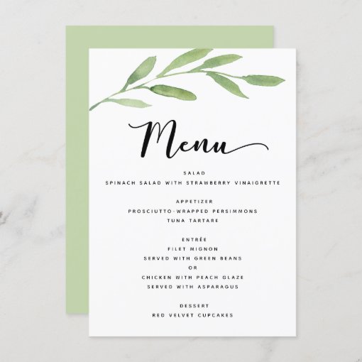 Greenery Rustic Simple Elegant Watercolor Wedding Menu | Zazzle