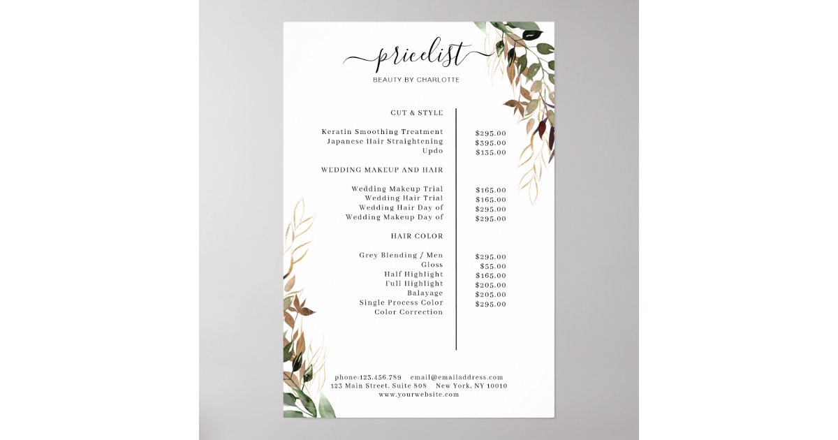 Greenery Salon Price List Poster | Zazzle