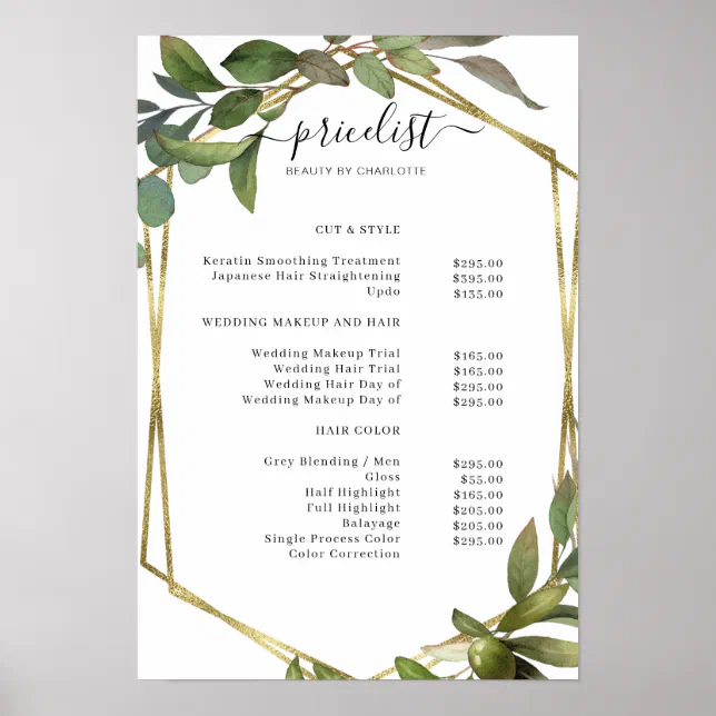 Greenery Salon Price List Poster | Zazzle