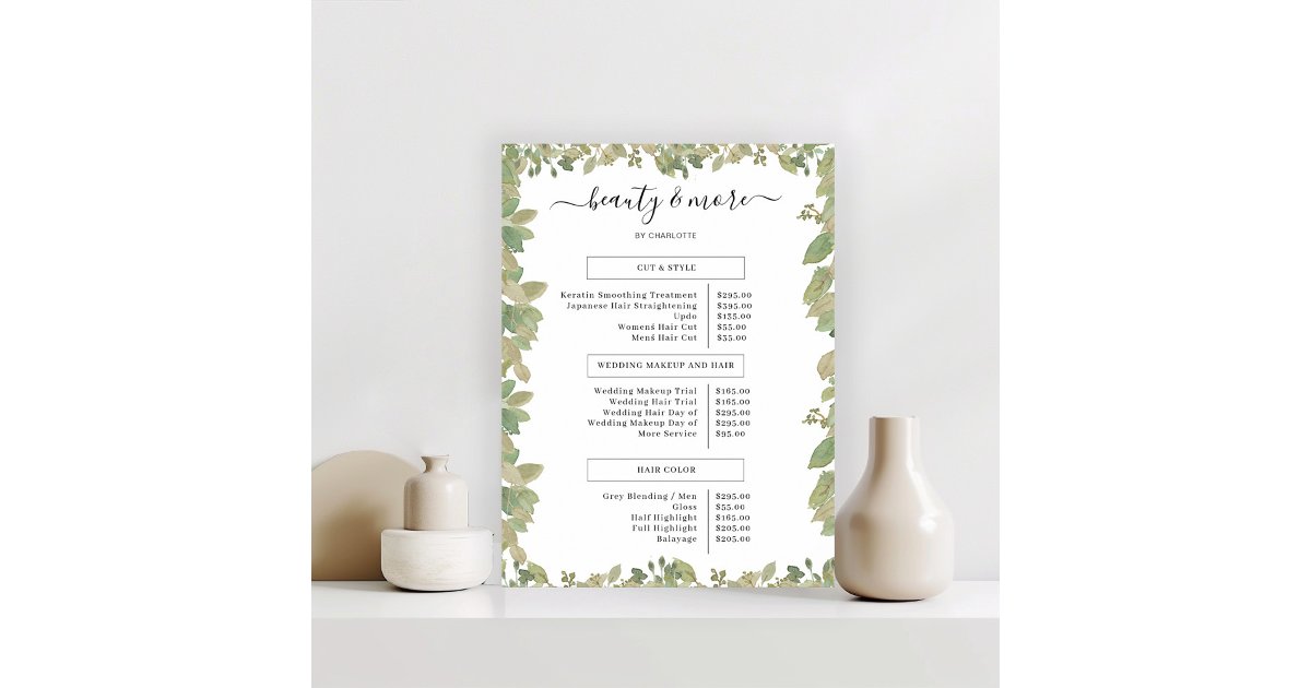 Greenery Salon Price List Poster | Zazzle
