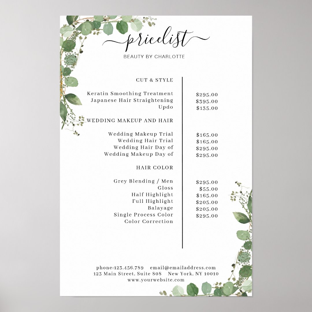 Greenery Salon Price List Poster | Zazzle