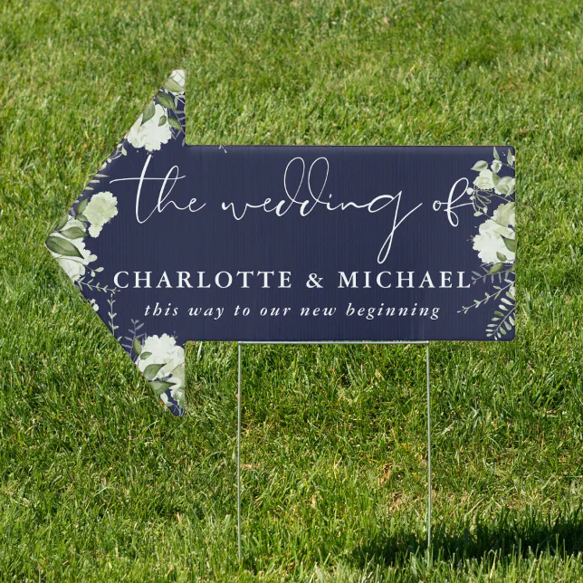 Greenery Script Navy Blue Wedding This Way Arrow Sign | Zazzle