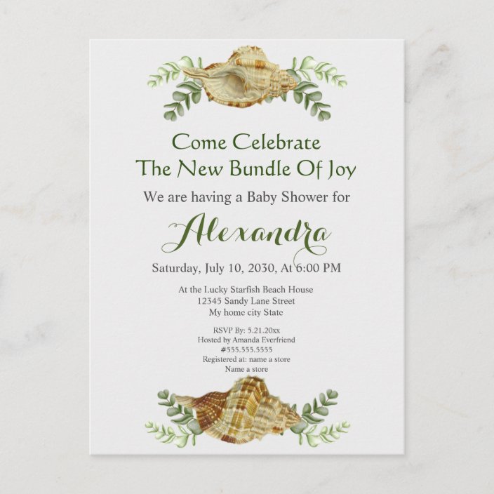 Greenery Seashell Cream Shells Coastal Baby Shower Postcard | Zazzle