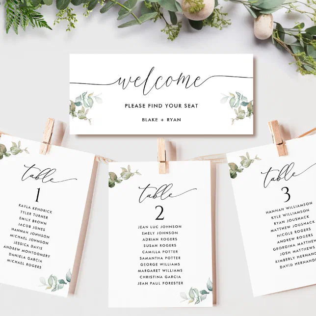 Greenery Seating Plan Cards with Guest Names | Zazzle