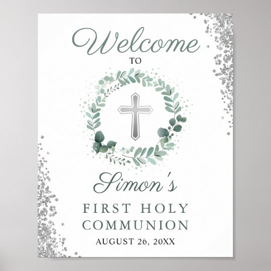 Greenery Silver First Holy Communion Welcome Poster | Zazzle.com