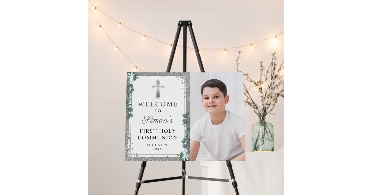Greenery Silver Glitter First Holy Communion Photo Foam Board | Zazzle