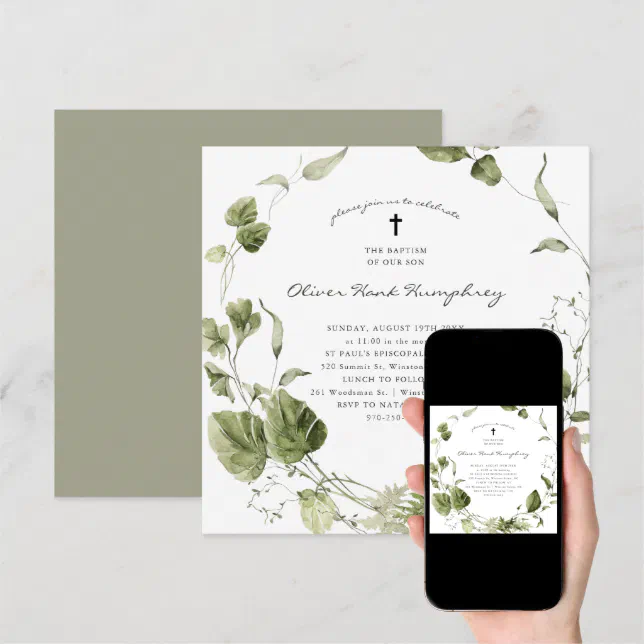Greenery | Spring Summer Botanical Baptism Invitation | Zazzle