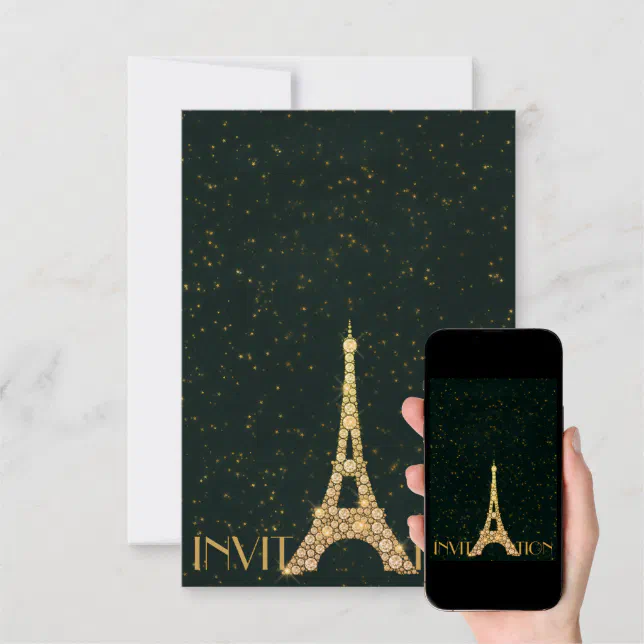 Greenery Starry Gold Eiffel Tower Paris Crystals Invitation | Zazzle