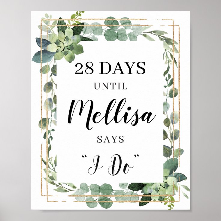 Greenery succulent gold boho countdown sign | Zazzle