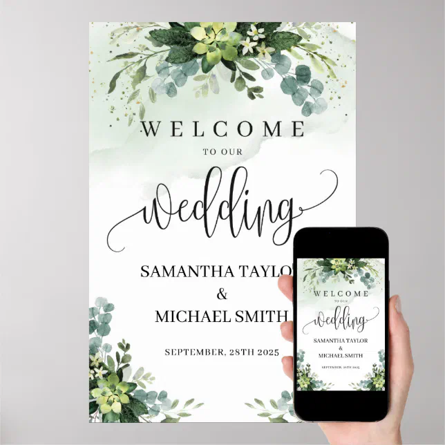 Greenery succulent wedding welcome sign poster | Zazzle