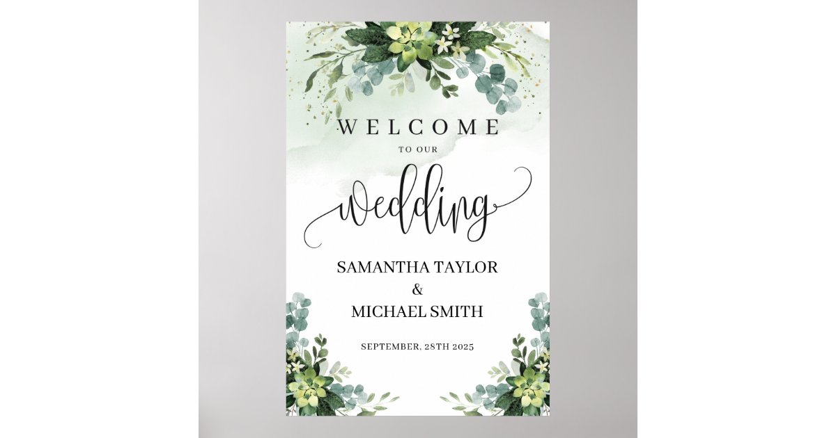 Greenery succulent wedding welcome sign poster | Zazzle