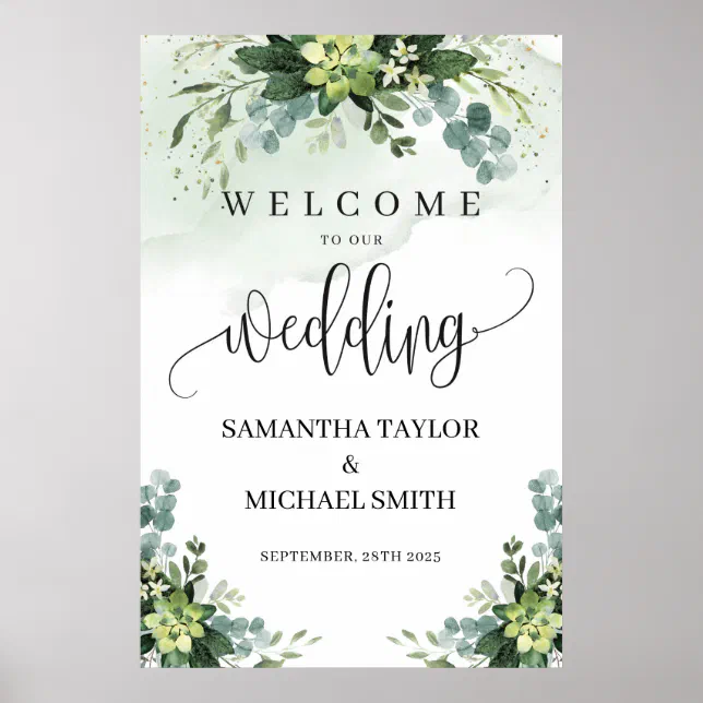Greenery succulent wedding welcome sign poster | Zazzle