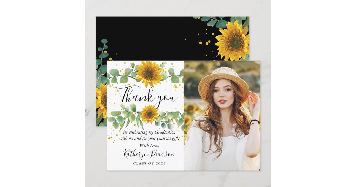 Greenery Sunflower Graduation Photo Thank you Card | Zazzle