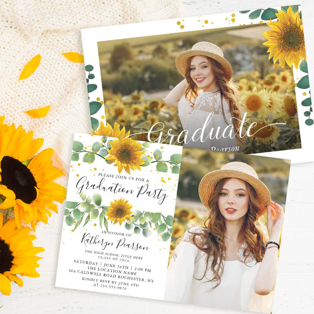 Greenery Sunflowers Graduation Party 2 Photo Invitation | Zazzle