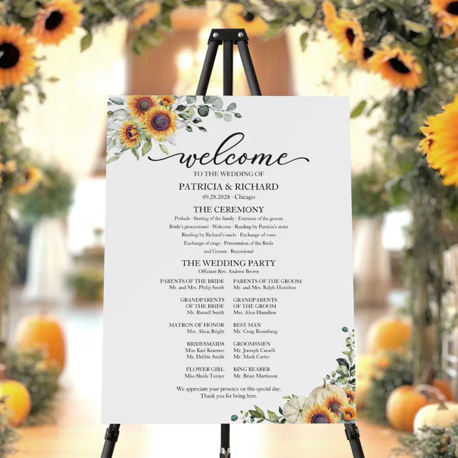 Greenery Sunflowers Wedding Program Sign | Zazzle