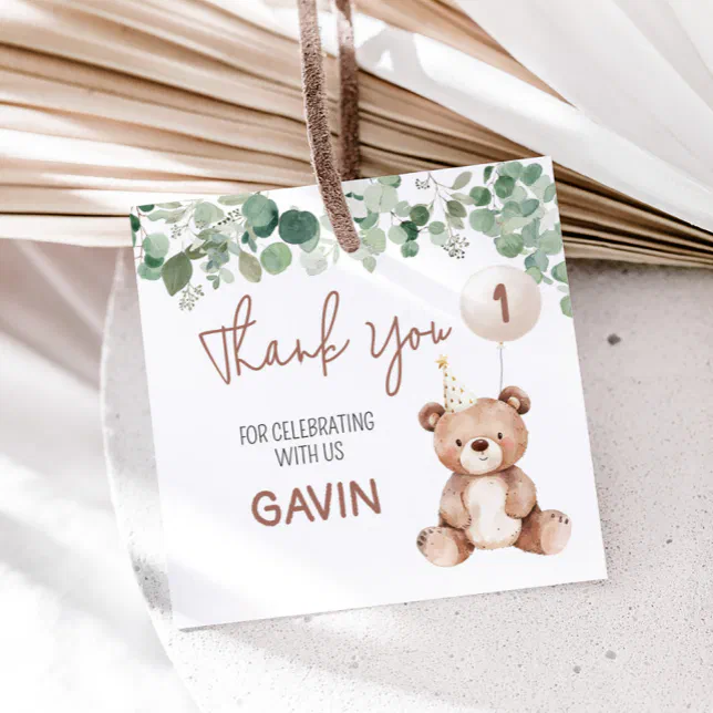 Greenery Teddy Bear Birthday Party Square Favor Tags | Zazzle