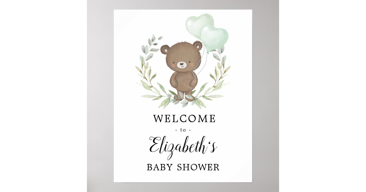 Greenery Teddy Bear Neutral Baby Shower Welcome Poster | Zazzle