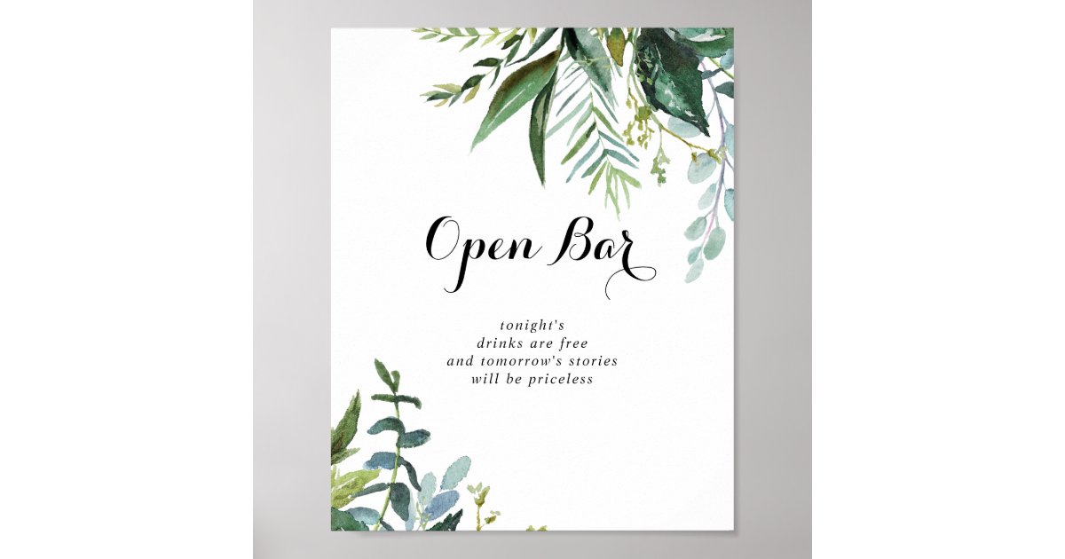 Greenery Tropical Wedding Open Bar Sign | Zazzle