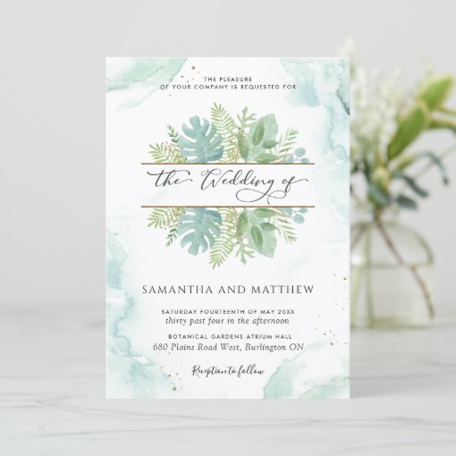Greenery, Watercolor Blue and Green Wedding Invitation | Zazzle