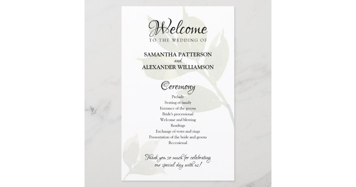 Greenery Watercolor Wedding Program Paper Sheet | Zazzle