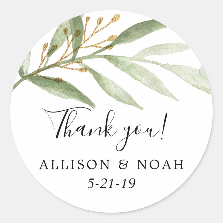 Greenery watercolors green gold leaves favor classic round sticker | Zazzle