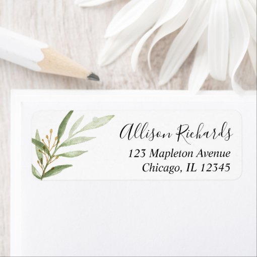 Greenery watercolors green gold leaves label | Zazzle