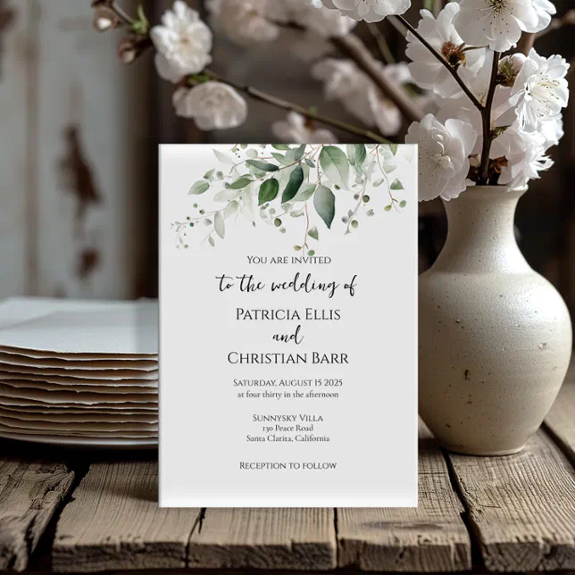Greenery wedding invitation elegant typography | Zazzle
