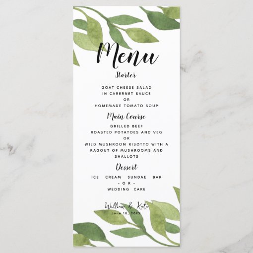 Greenery wedding menu foliage country TEMPLATE | Zazzle