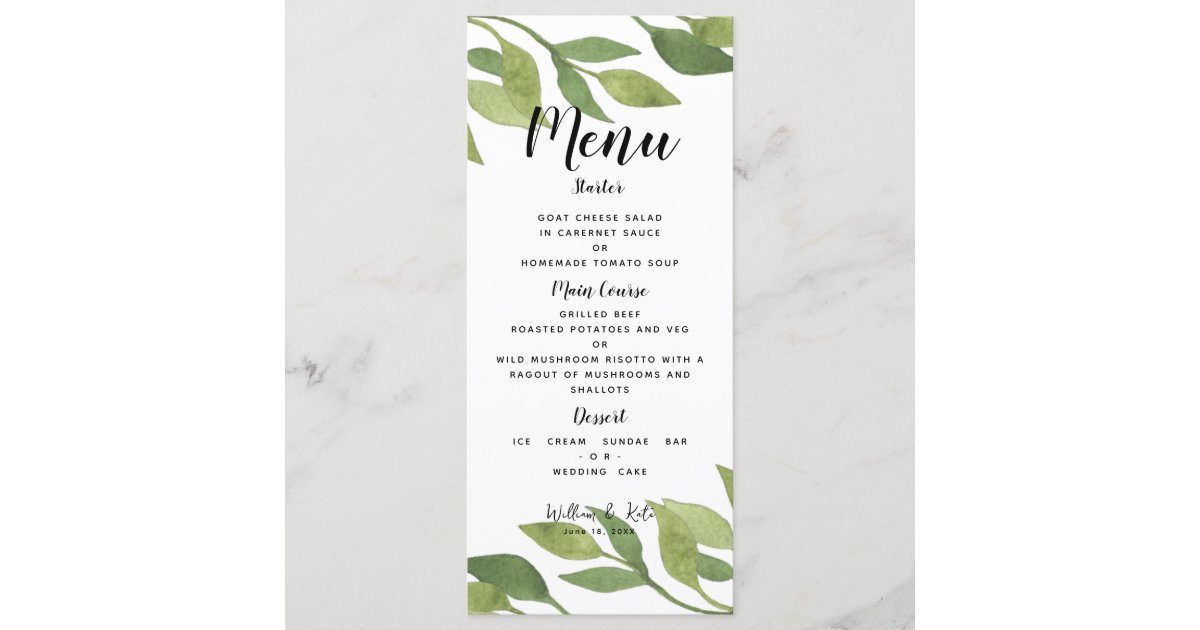 Greenery wedding menu foliage country TEMPLATE | Zazzle