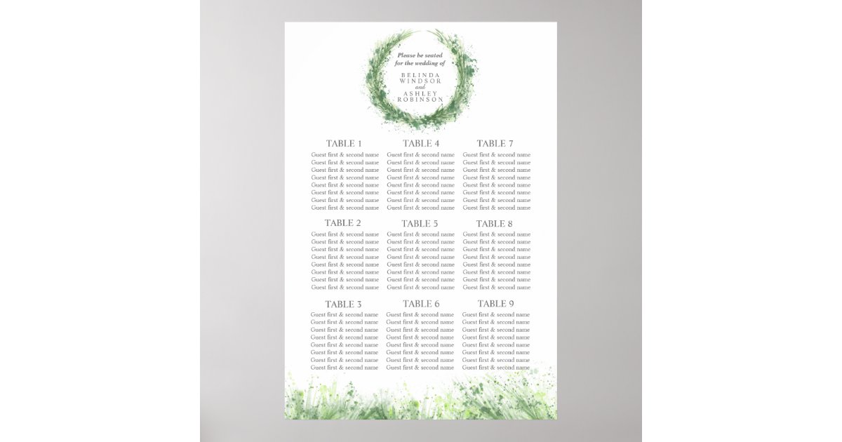 Greenery Wedding Seating Table Plan sage green Poster | Zazzle