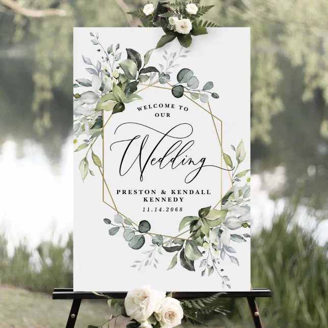 Greenery Welcome to Our Wedding Eucalyptus Sign XL | Zazzle