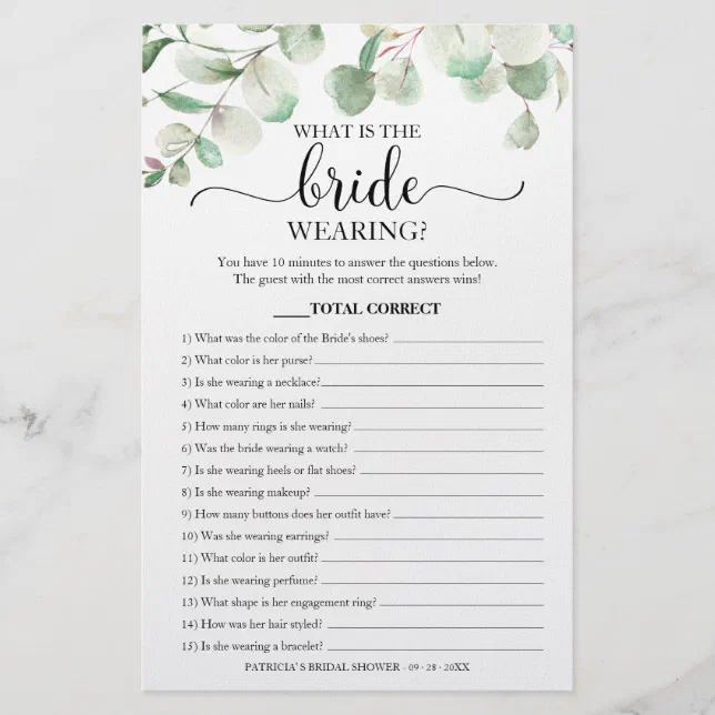 Greenery What Is The Bride Wearing Game Bridal Flyer | Zazzle