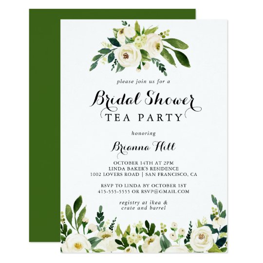 Greenery White Floral Bridal Shower Tea Party Invitation
