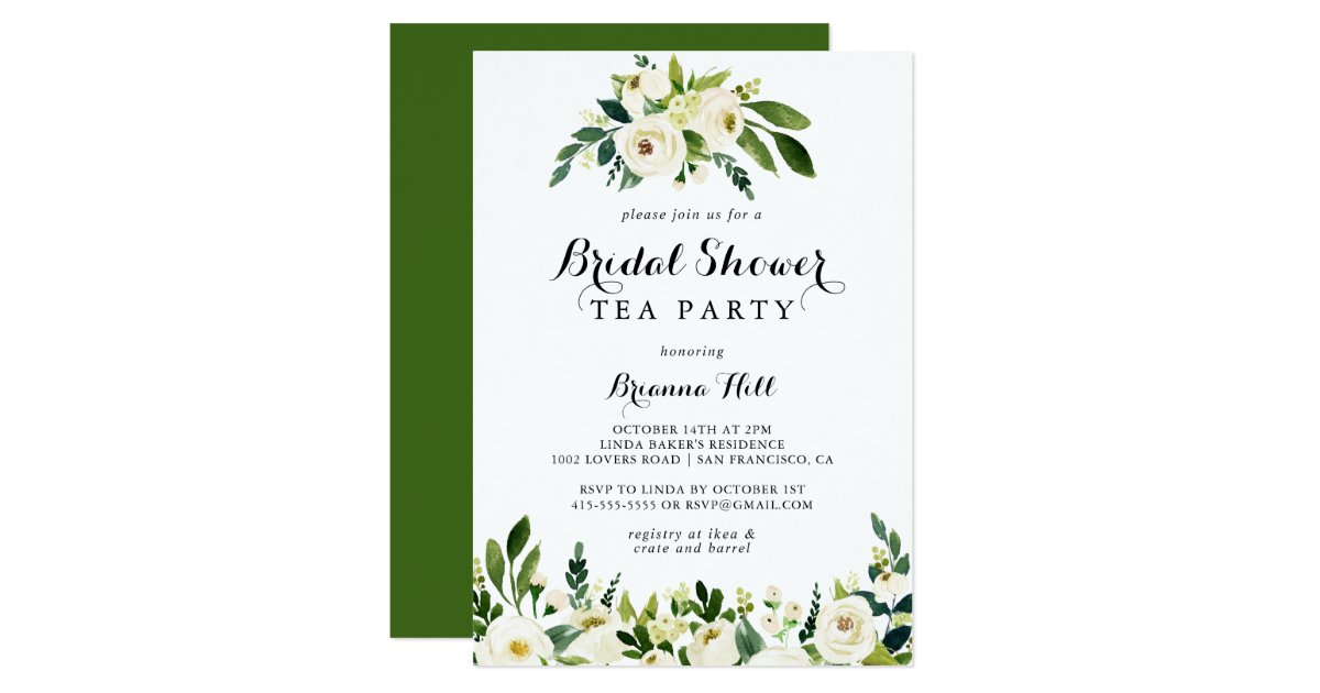 Greenery White Floral Bridal Shower Tea Party Invitation