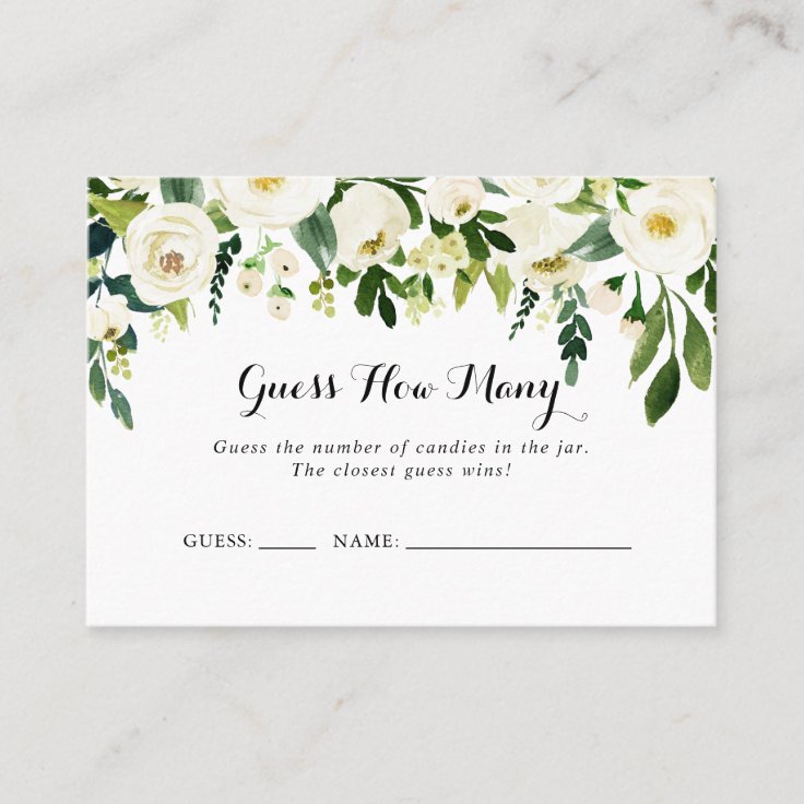 Greenery White Floral Guess How Many Game Card | Zazzle