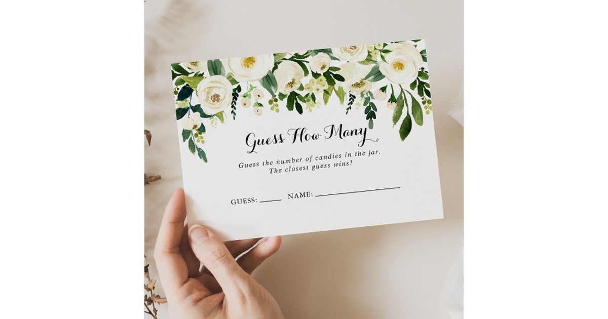 Greenery White Floral Guess How Many Game Card | Zazzle