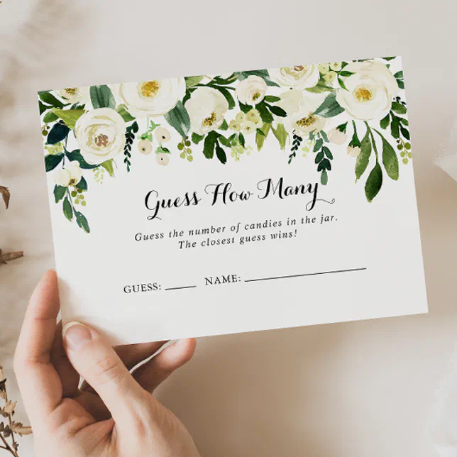 Greenery White Floral Guess How Many Game Card | Zazzle