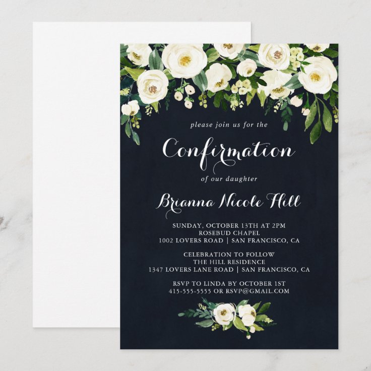 Greenery White Floral Royal Blue Confirmation Invitation | Zazzle
