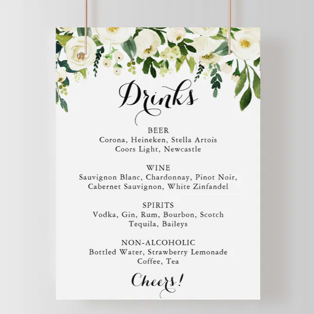Greenery White Floral Wedding Drinks Menu Sign | Zazzle