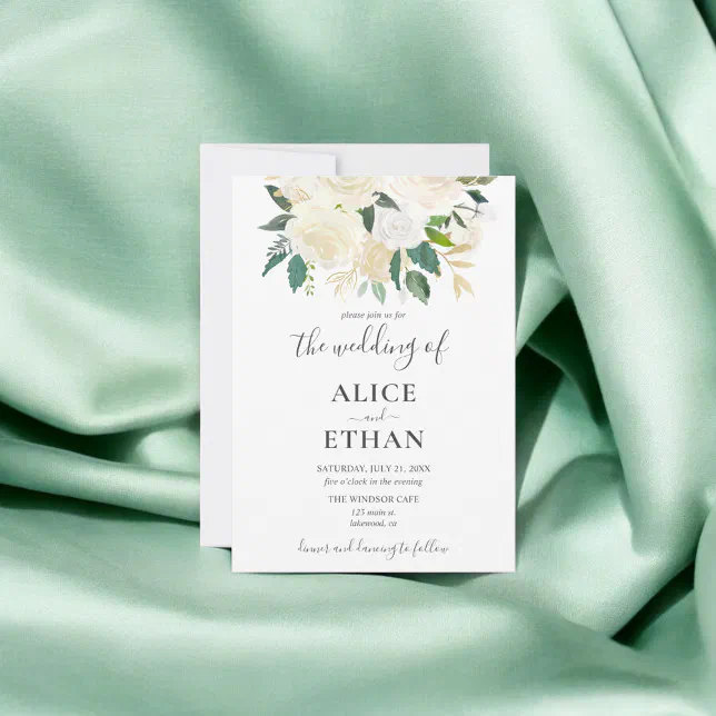 Greenery White Flowers Script Wedding Invitation | Zazzle