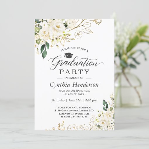 Greenery White Rose Floral Graduation Party Invitation | Zazzle