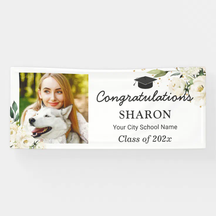 Greenery White Rose Floral Graduation Party Large Banner | Zazzle