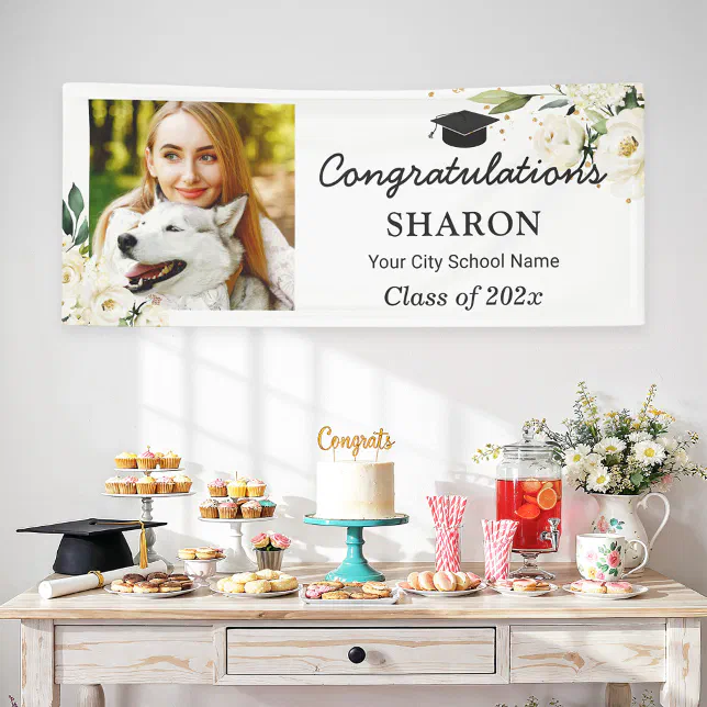 Greenery White Rose Floral Graduation Party Large Banner | Zazzle
