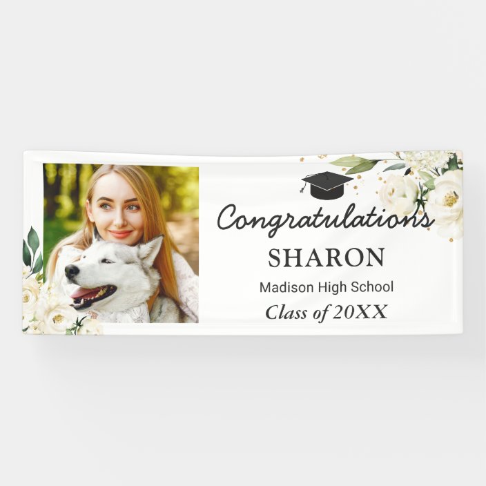 Greenery White Rose Floral Graduation Party Large Banner | Zazzle.com