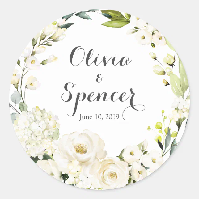 Greenery White Roses Floral Wedding Stickers | Zazzle
