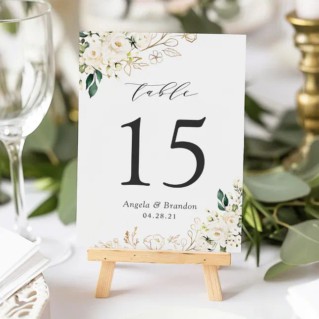 Greenery White Roses Floral Wedding Table Number | Zazzle