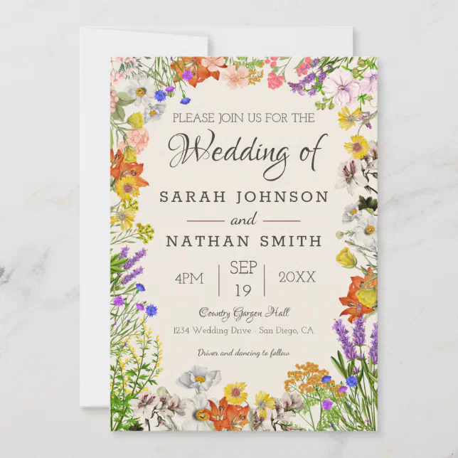 Greenery Wildflower Colorful Floral Wedding Frame Invitation | Zazzle