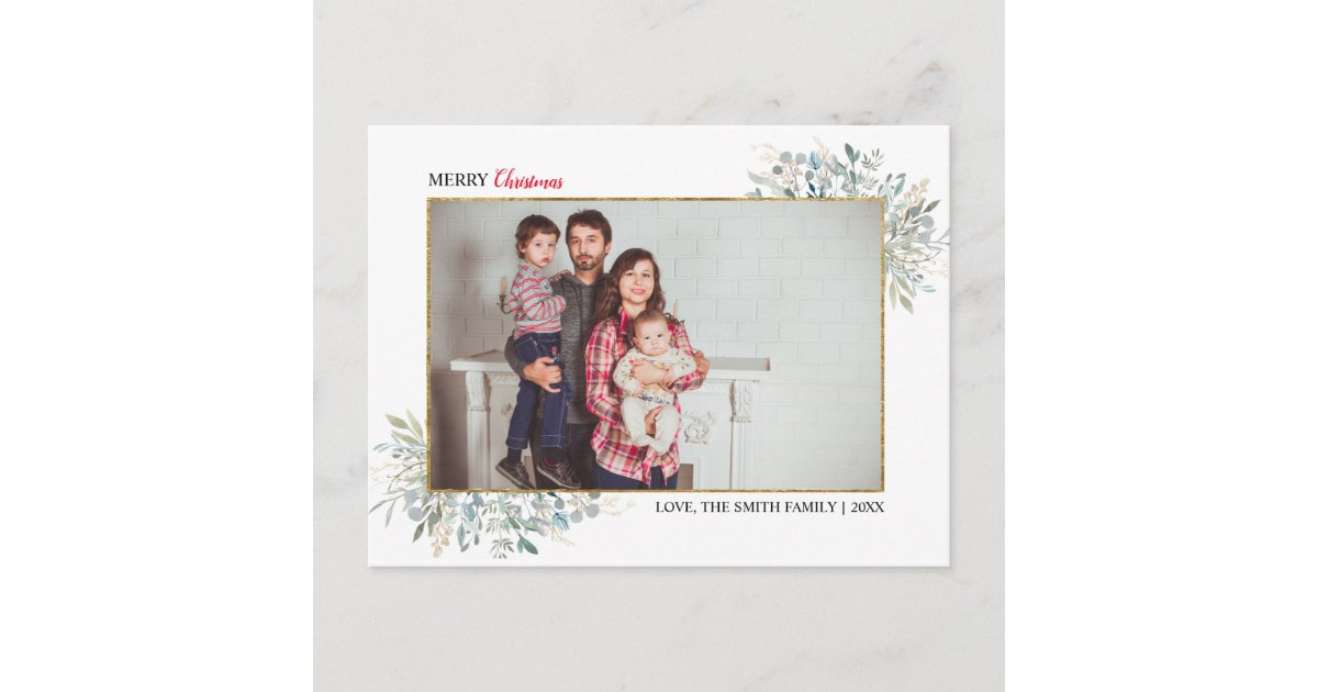 Greenery Winter Christmas Photo Collage Holiday Postcard | Zazzle