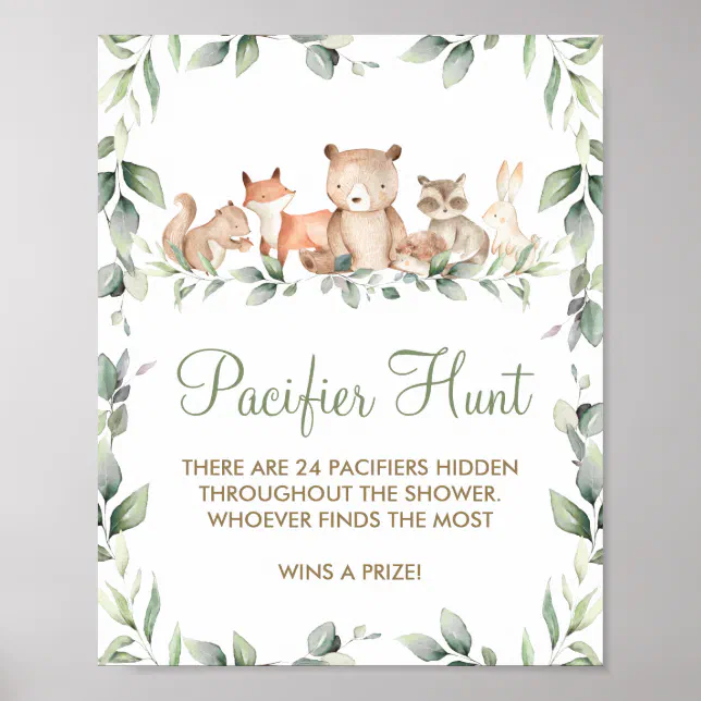 Greenery Woodland Animal Shower Pacifier Hunt Game Poster | Zazzle